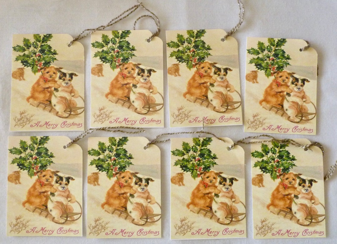 8 Cute Handmade Holiday Gift Tags. Puppy Dogs on Sled. Baker's Twine ...