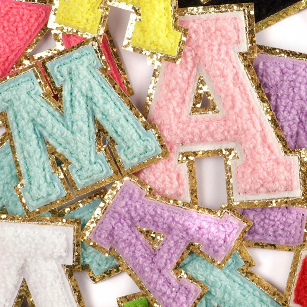 Colorful Chenille Embroidered Letter Patches, Gold Glitter Letter Trim ...