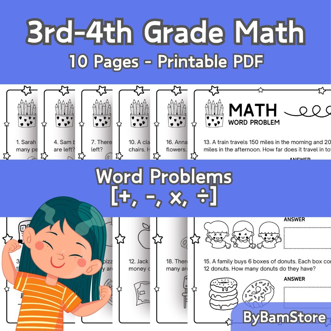3rd-4th Grade Math Worksheet-word Problems PDF Printable Involves ...