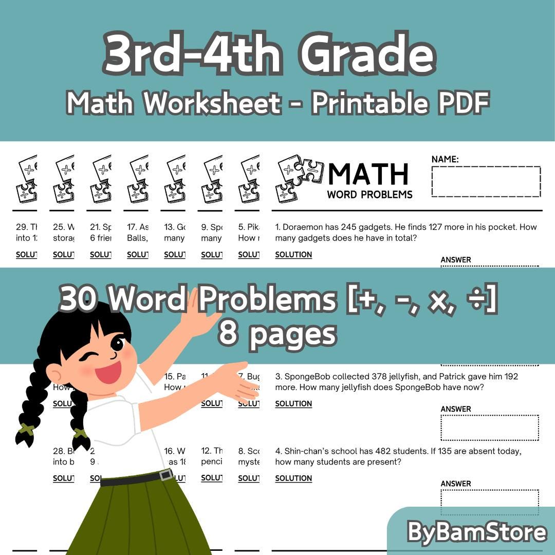 3rd-4th Grade Math Worksheet-word Problems PDF Printable Involves ...