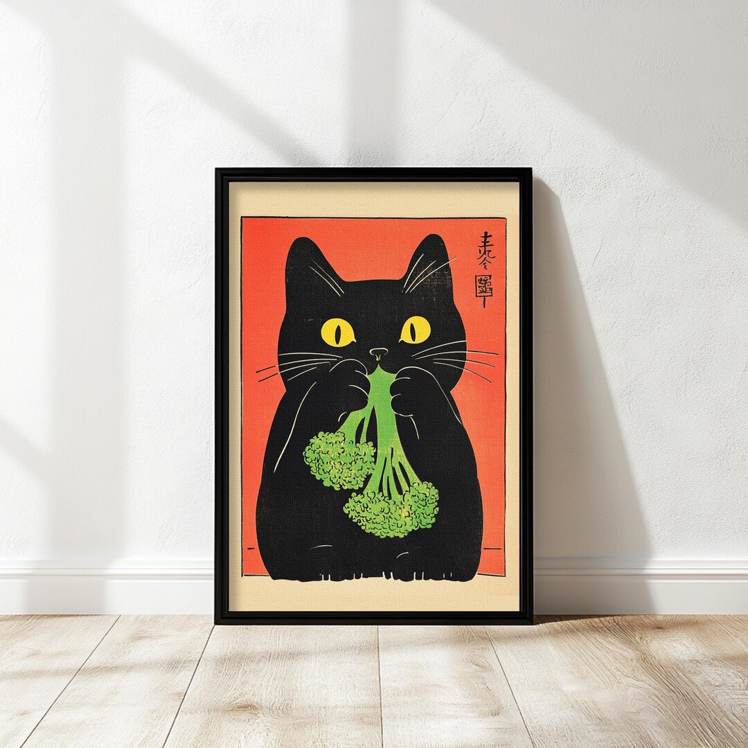 Vintage Cat Eating Broccoli Poster, Funny Black Cat Wall Art, Kitchen ...