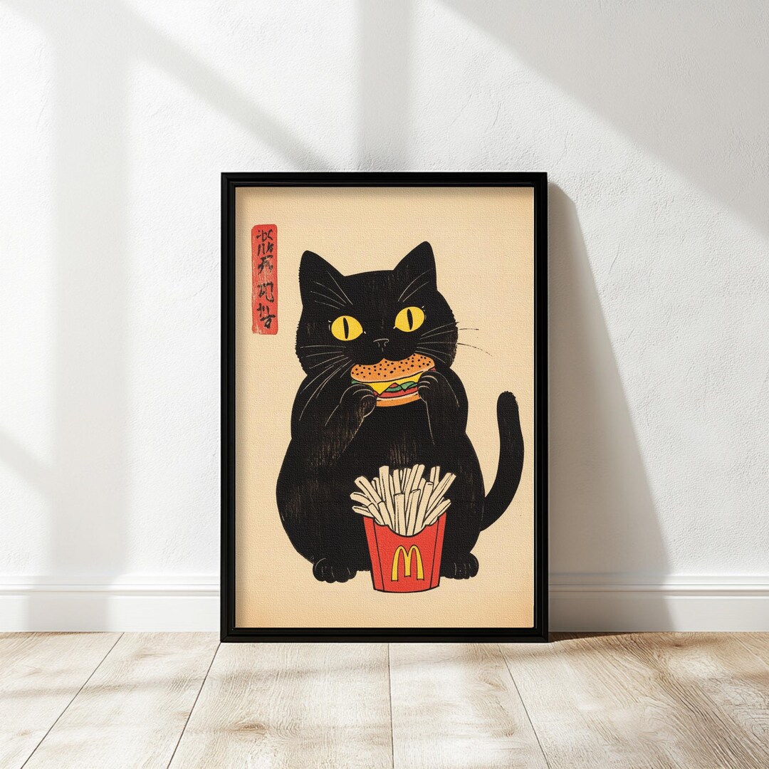Vintage Cat Poster, Funny Cat Wall Art, Kitchen Decor, Black Cat ...