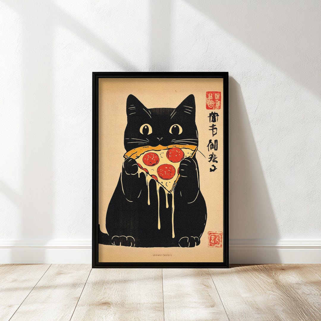 Vintage Cat Poster, Funny Black Cat Wall Art, Kitchen Decor, Japanese ...