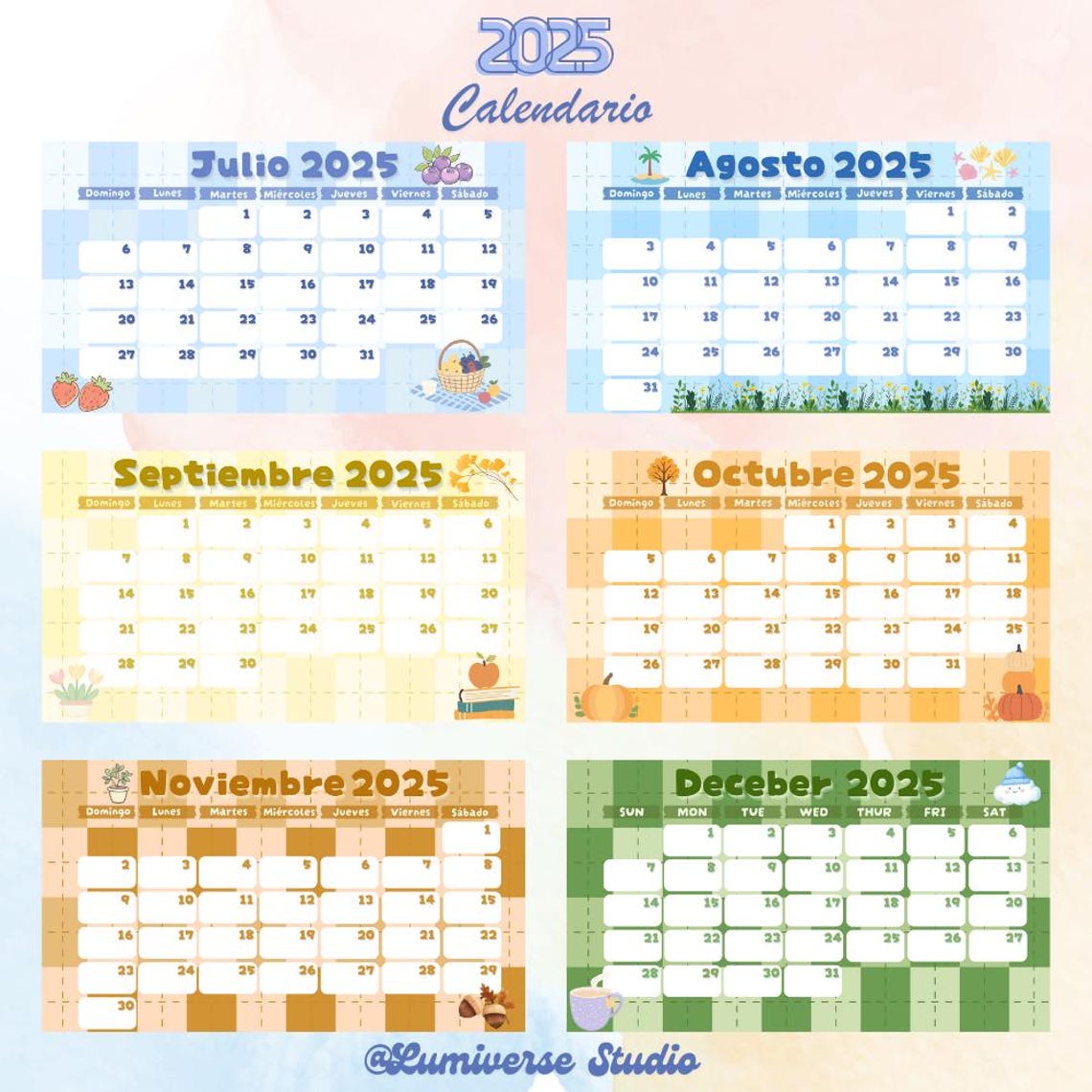 Calendario 2025 Español Imprimible | Printable Cute Cartoon Monthly ...