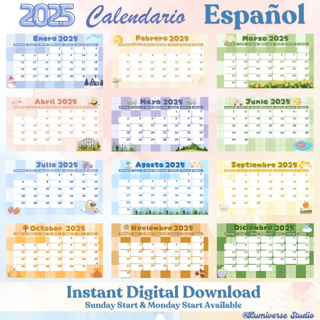 Calendario 2025 Español Imprimible | Printable Cute Cartoon Monthly ...