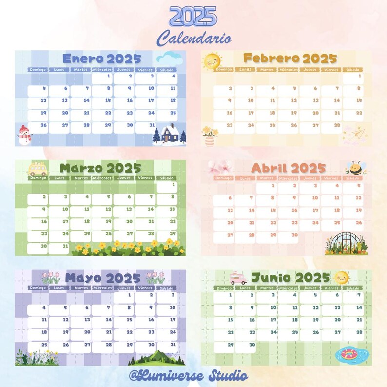 Calendario 2025 Español Imprimible | Printable Cute Cartoon Monthly ...