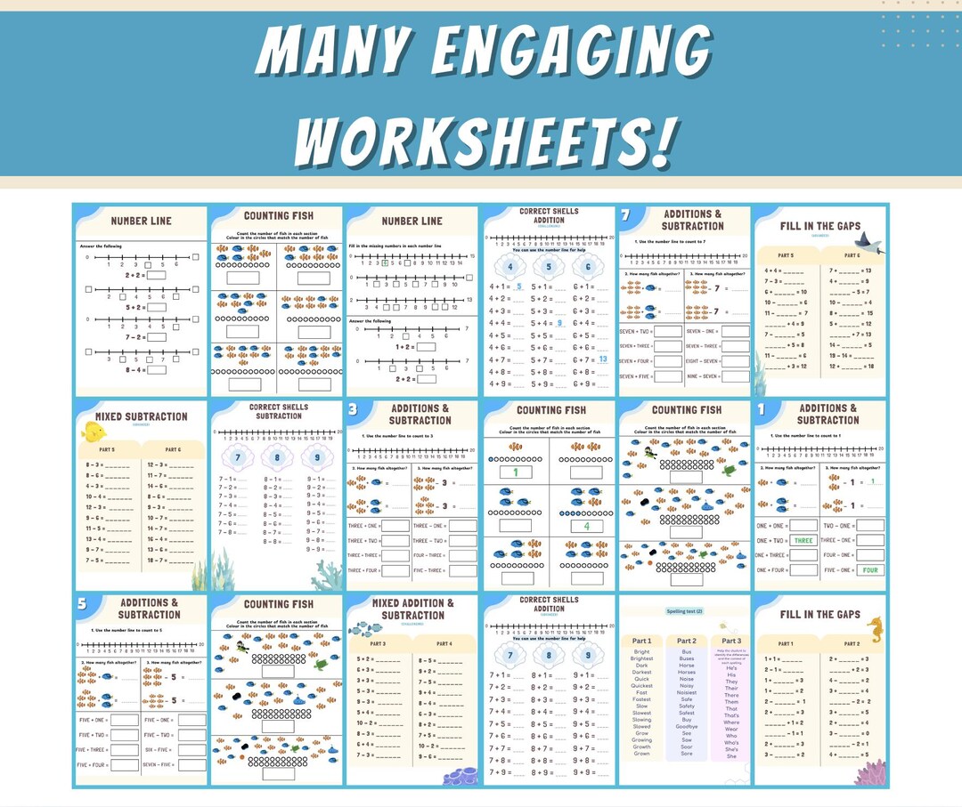 Kindergarten Addition & Subtraction Worksheets | 35 Pages | Ocean Theme ...