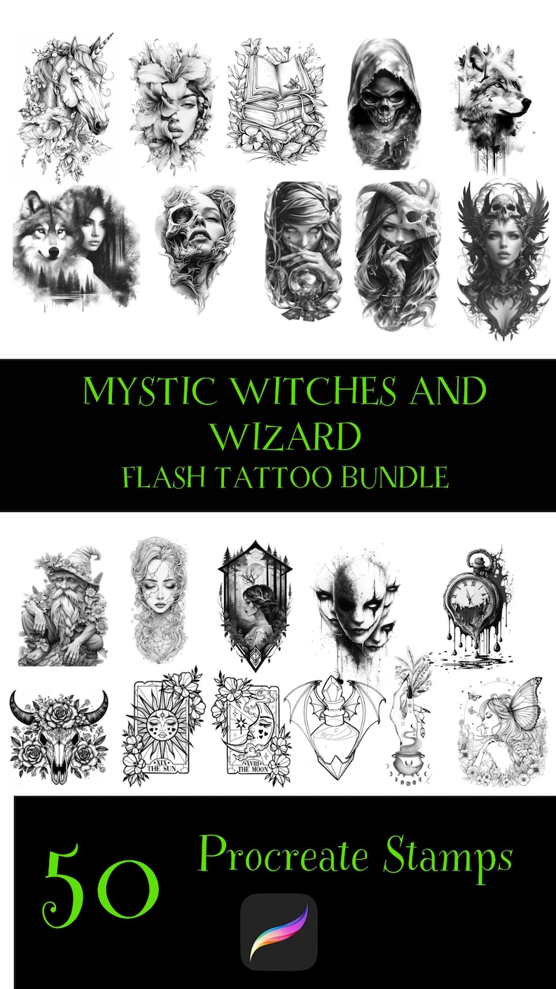 50x Mystic Witches & Wizards Flash Tattoo Procreate Stamps | Magic ...