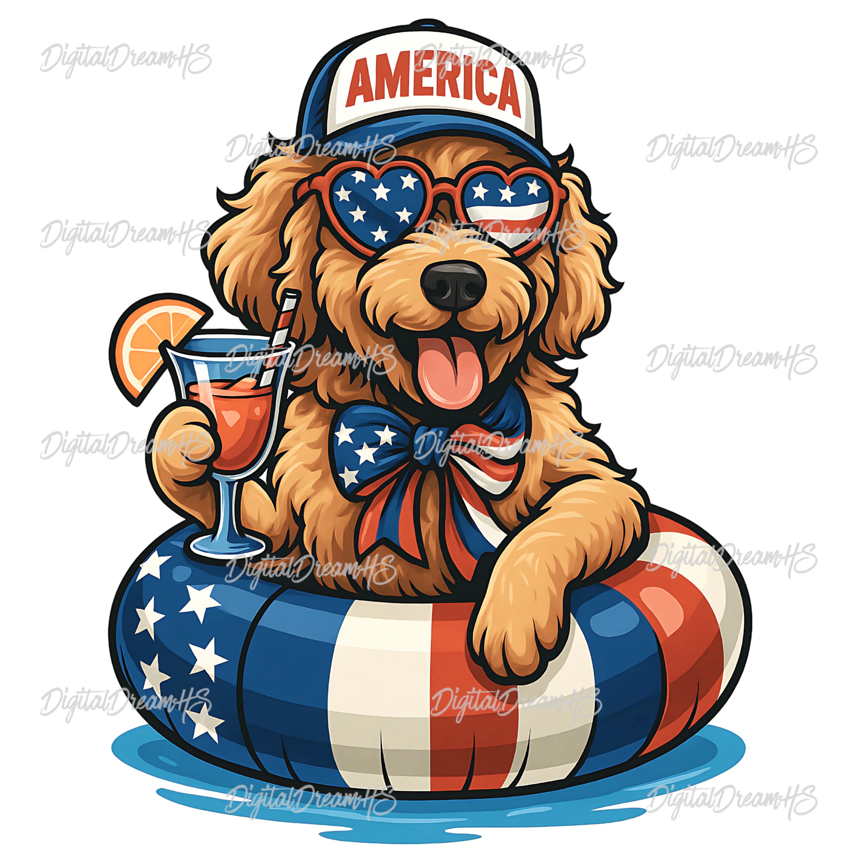 Patriotic Goldendoodle PNG, 4th of July Dog Clipart, Cute Doodle With ...