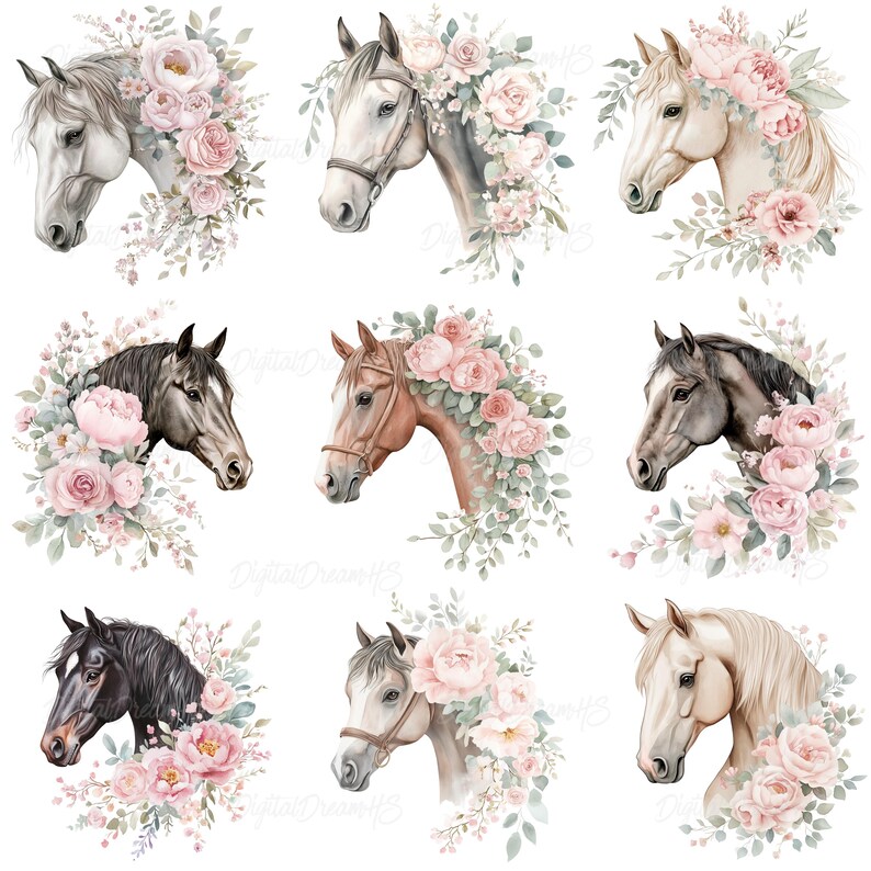 23 Horse PNG Bundle, Watercolor Horses and 13 Floral Pngs, Western ...