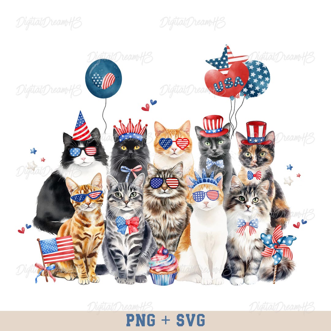 Watercolor 4th of July Cats PNG SVG: Patriotic Cat Design - Etsy