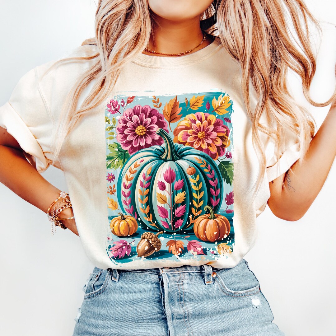 Teal Pumpkin Fall PNG, Bright Autumn Sublimation, Boho Floral Pumpkin ...