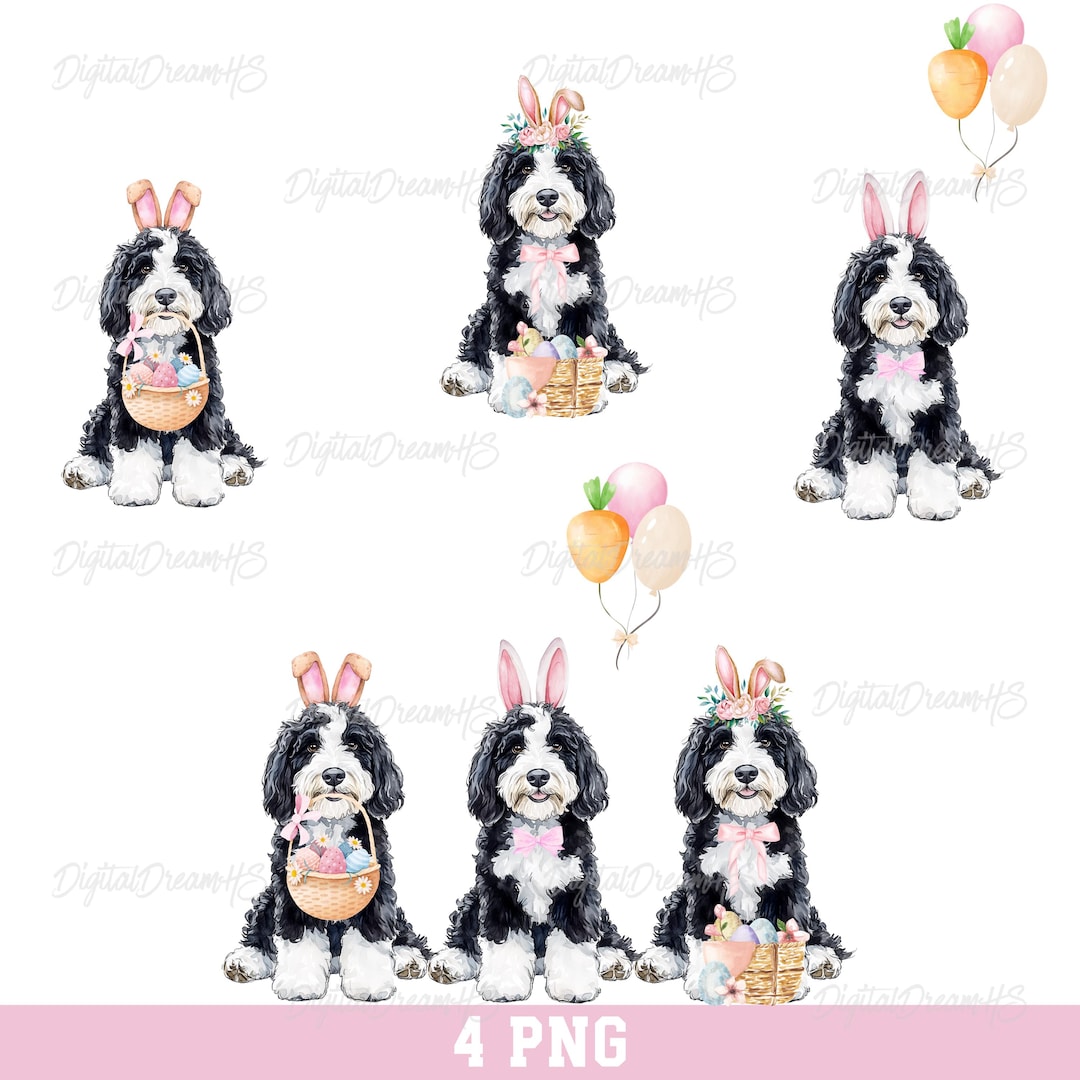 Sheepadoodle Easter PNG, Cute Dog With Bunny Ears Clipart, Watercolor ...