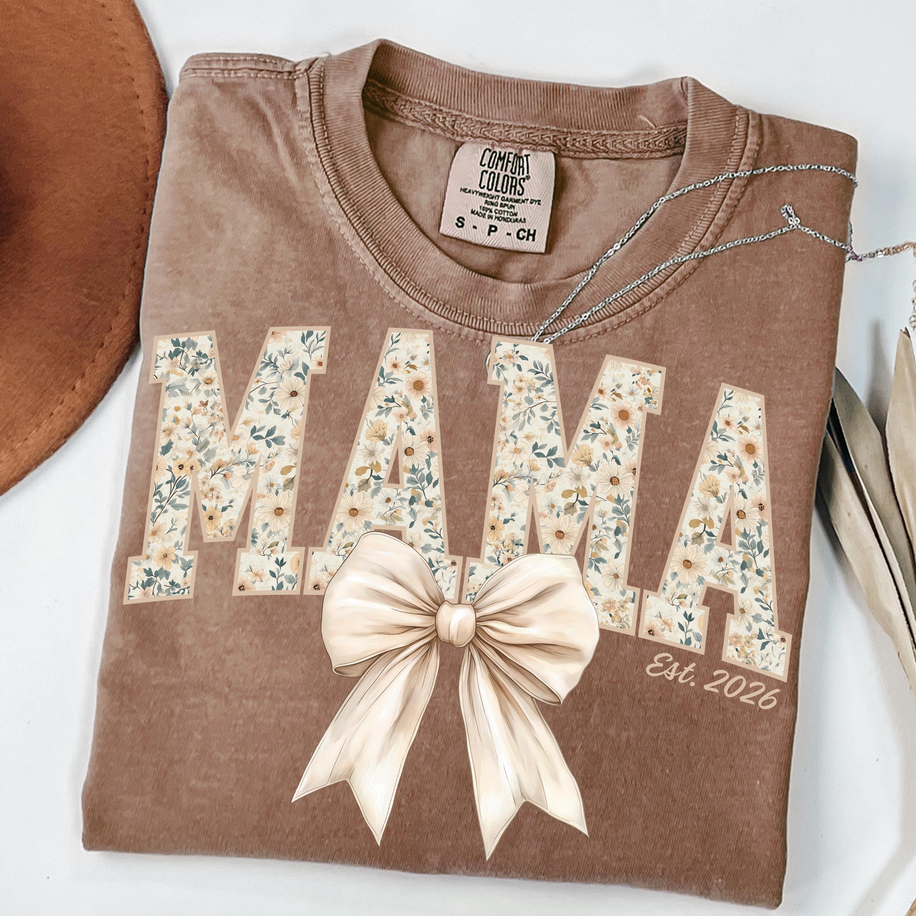 Mama Est 2026 PNG Boho Floral Letters With Bow, Retro Mom Sublimation ...