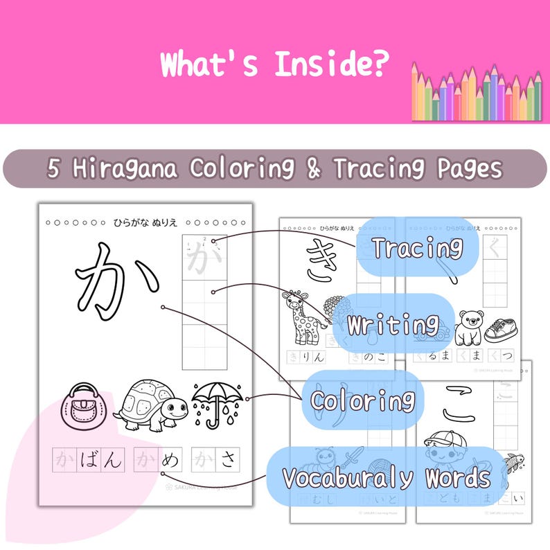 Hiragana Tracing & Coloring Pages か ka to こ ko Fun Japanese Learning ...