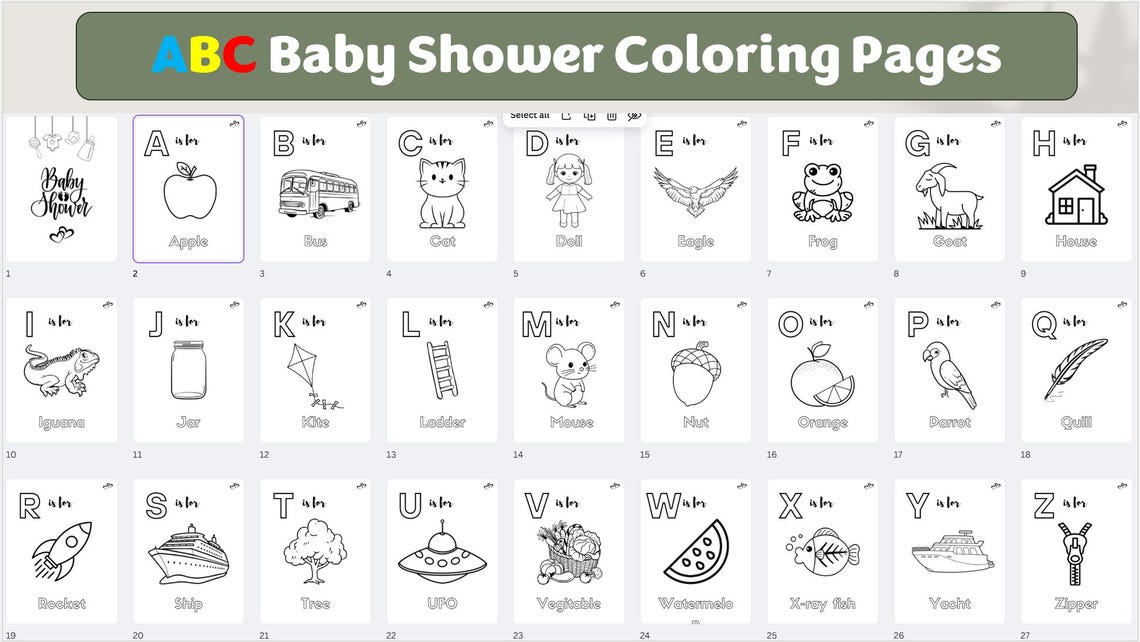 52 Pages ABC Baby Shower Coloring Book, Baby's First ABC Book,bears ...