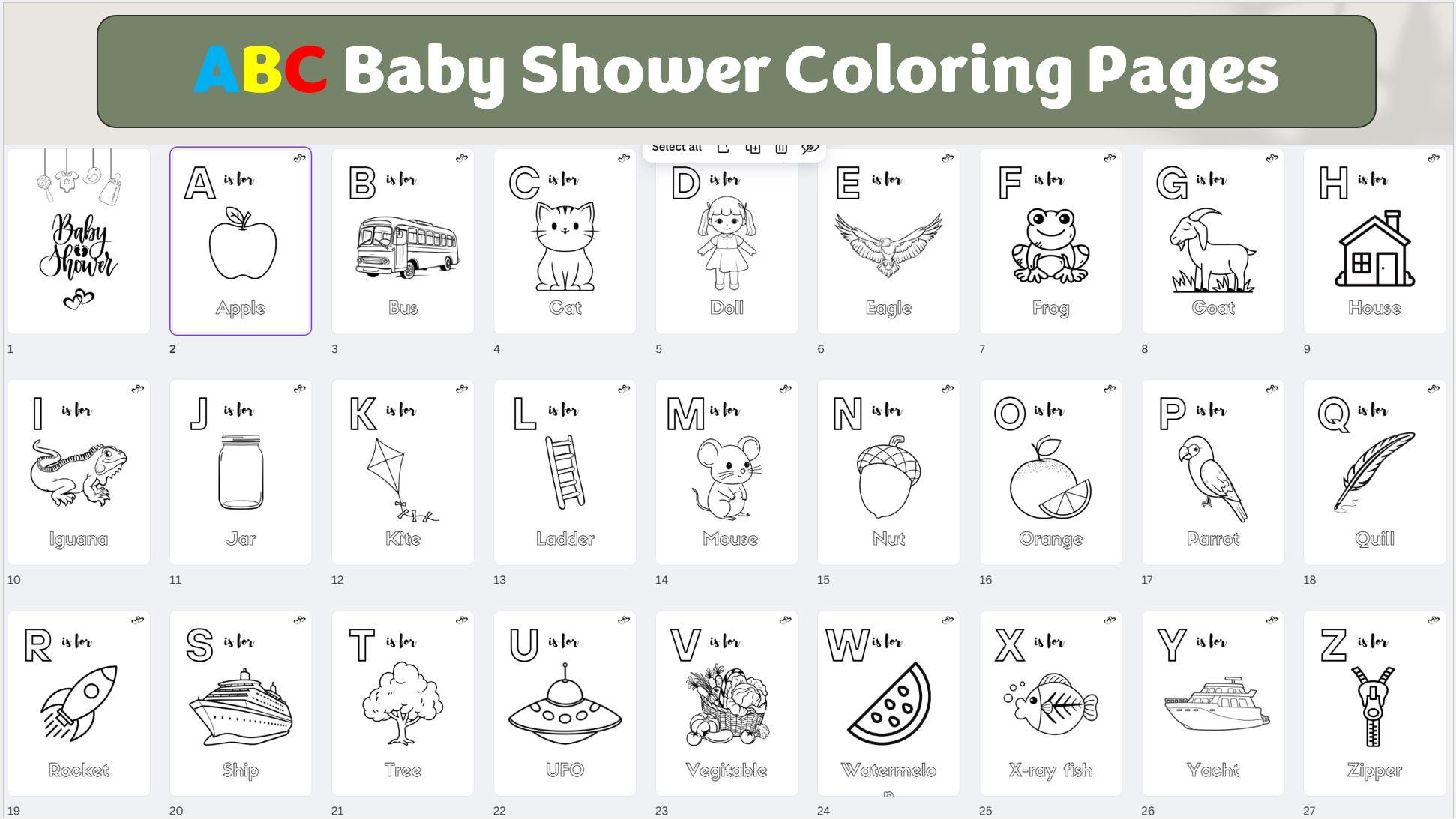 52 Pages ABC Baby Shower Coloring Book, Baby's First ABC Book,bears ...