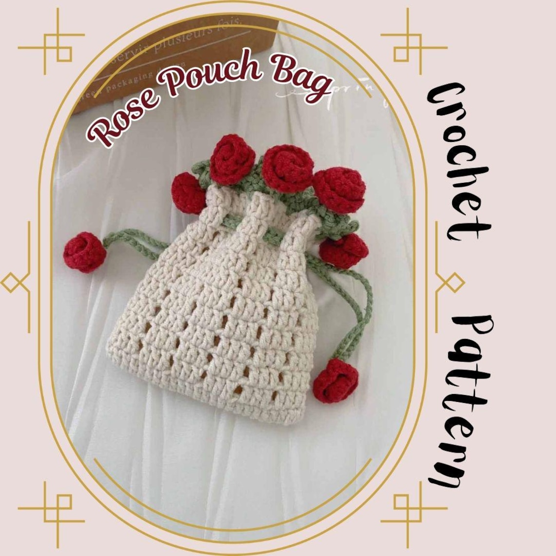 NO SEW Rose Pouch Bag Crochet Pattern Easy Flower Red Rose Drawstring ...