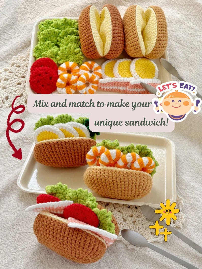 3IN1 Breakfast Sandwich Toast Crochet Pattern Bread Set With Tomato ...
