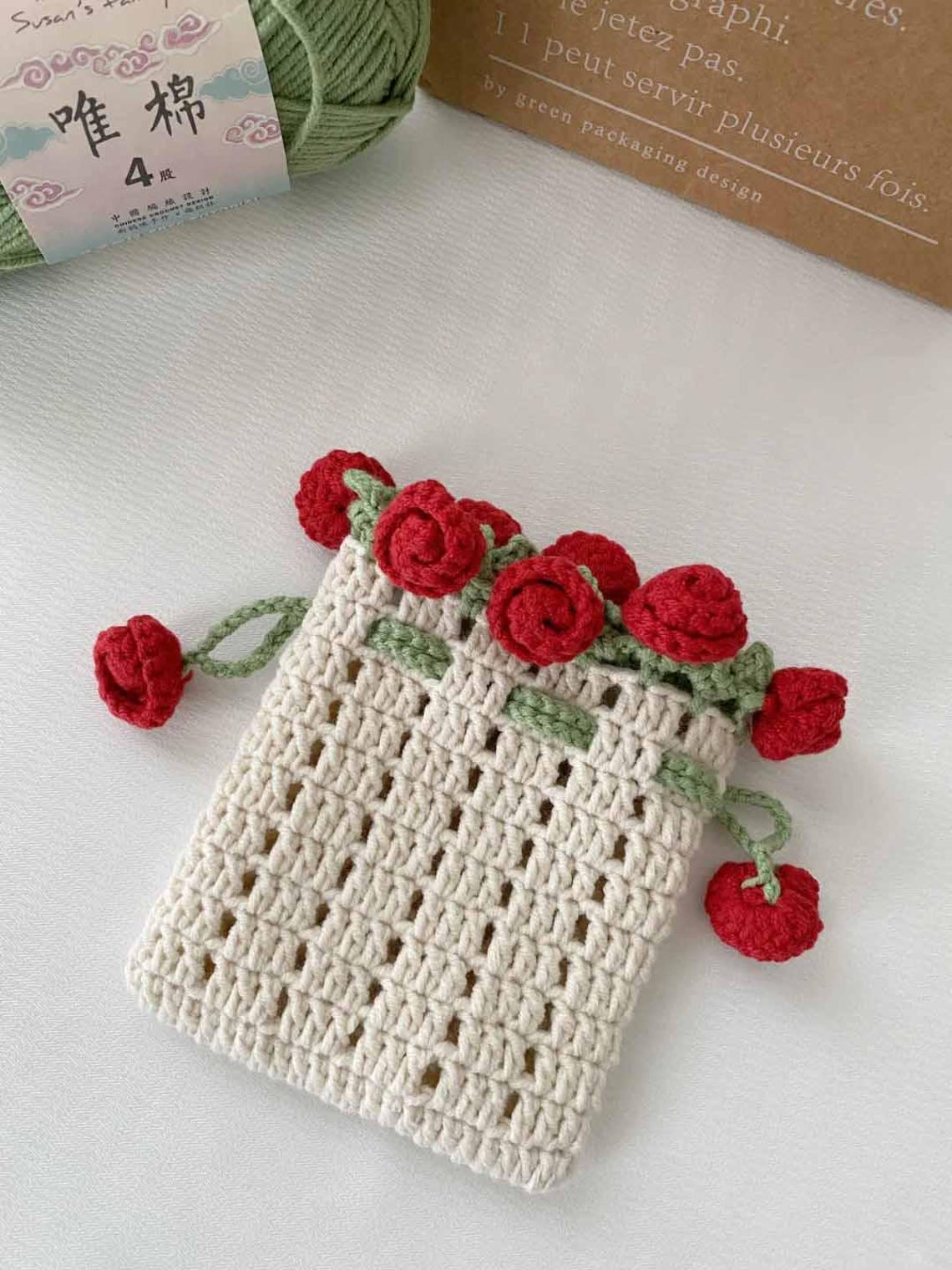 NO SEW Rose Pouch Bag Crochet Pattern Easy Flower Red Rose Drawstring ...