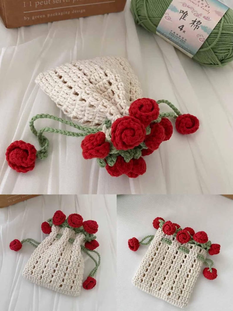 NO SEW Rose Pouch Bag Crochet Pattern Easy Flower Red Rose Drawstring ...