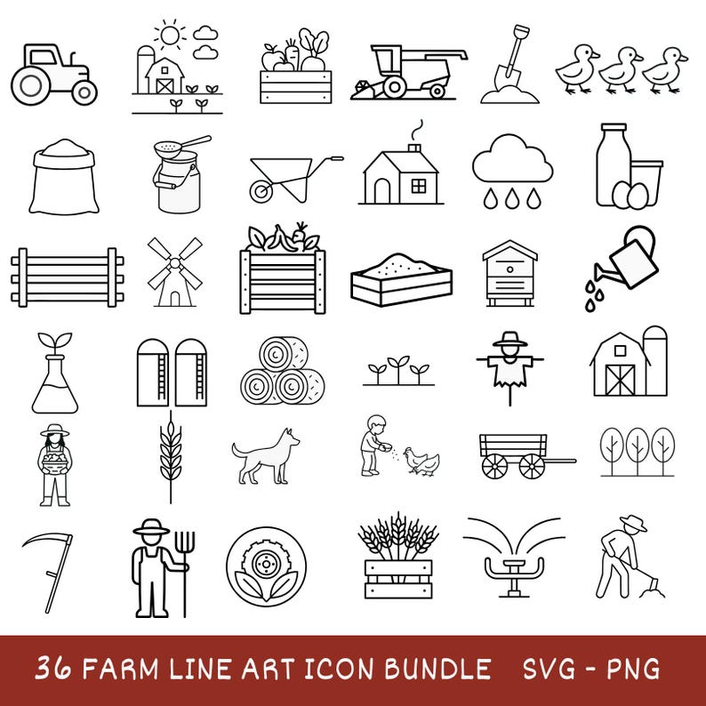 Farm Line Art Icons: Agricultural SVG PNG Clipart Bundle (commercial ...
