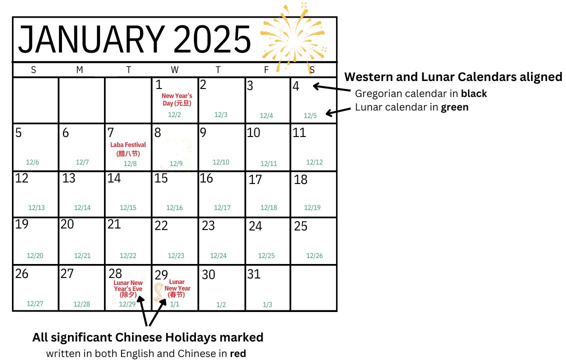 Chinese New Year Calendar: Lunar and Gregorian Edition, 2025 Year of ...