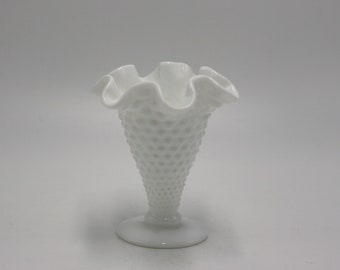 Vintage Fenton White Hobnail Pedestal Vase or Candy Server. Ruffled ...