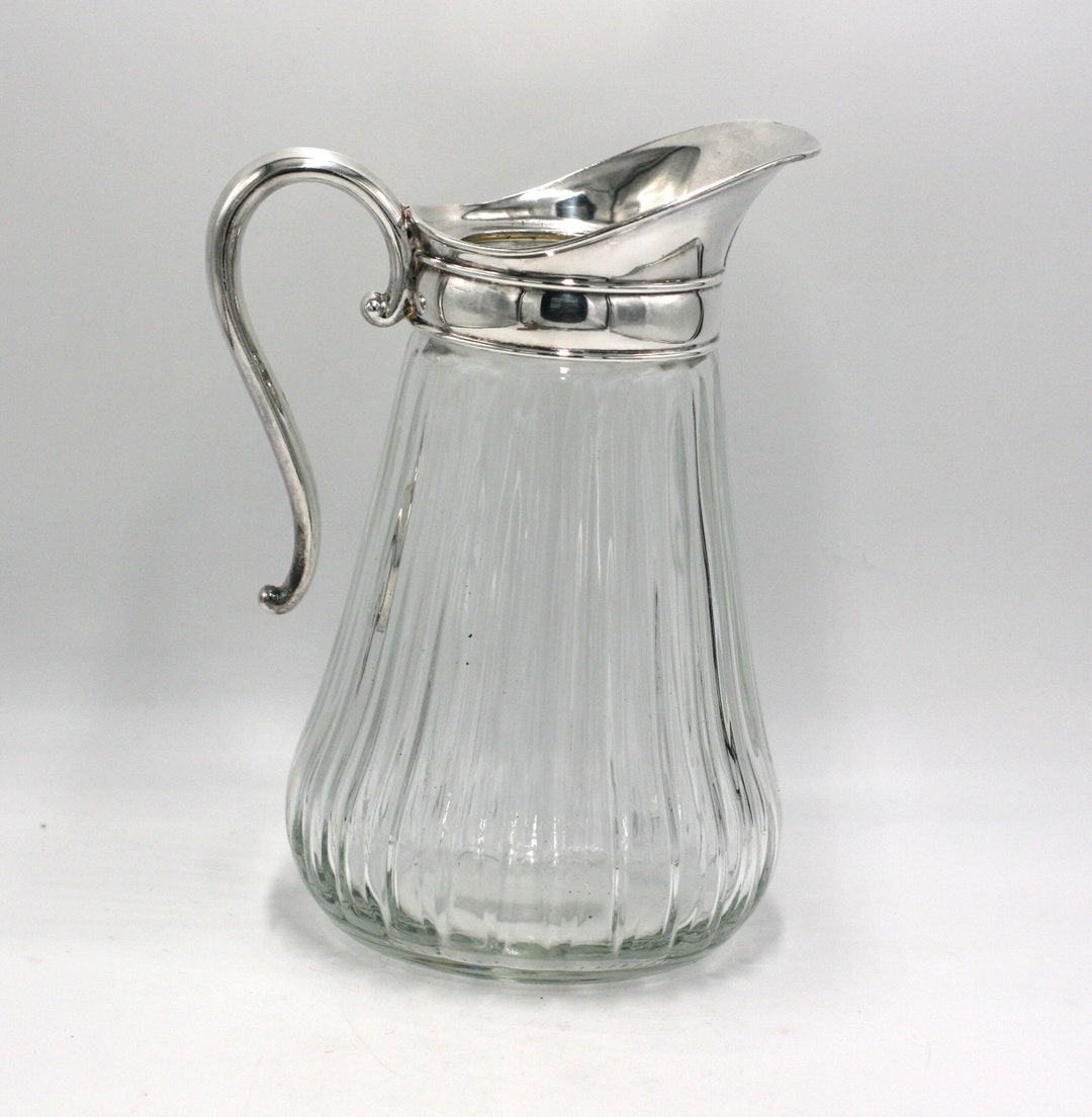 Vintage Water Pitcher Ribbed Glass With Silver Plate Handle and Ice Lip ...