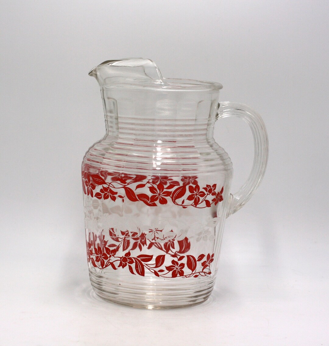 Vintage Clear Glass Pitcher With Ice Lip Floral Clematis Pattern in Red ...