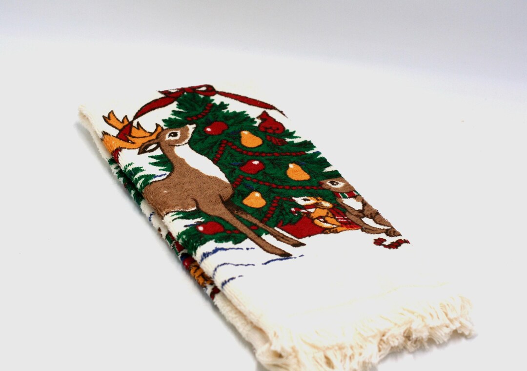 Vintage Christmas Kitchen Towel Cecil Saydah Deer Rabbits Christmas ...