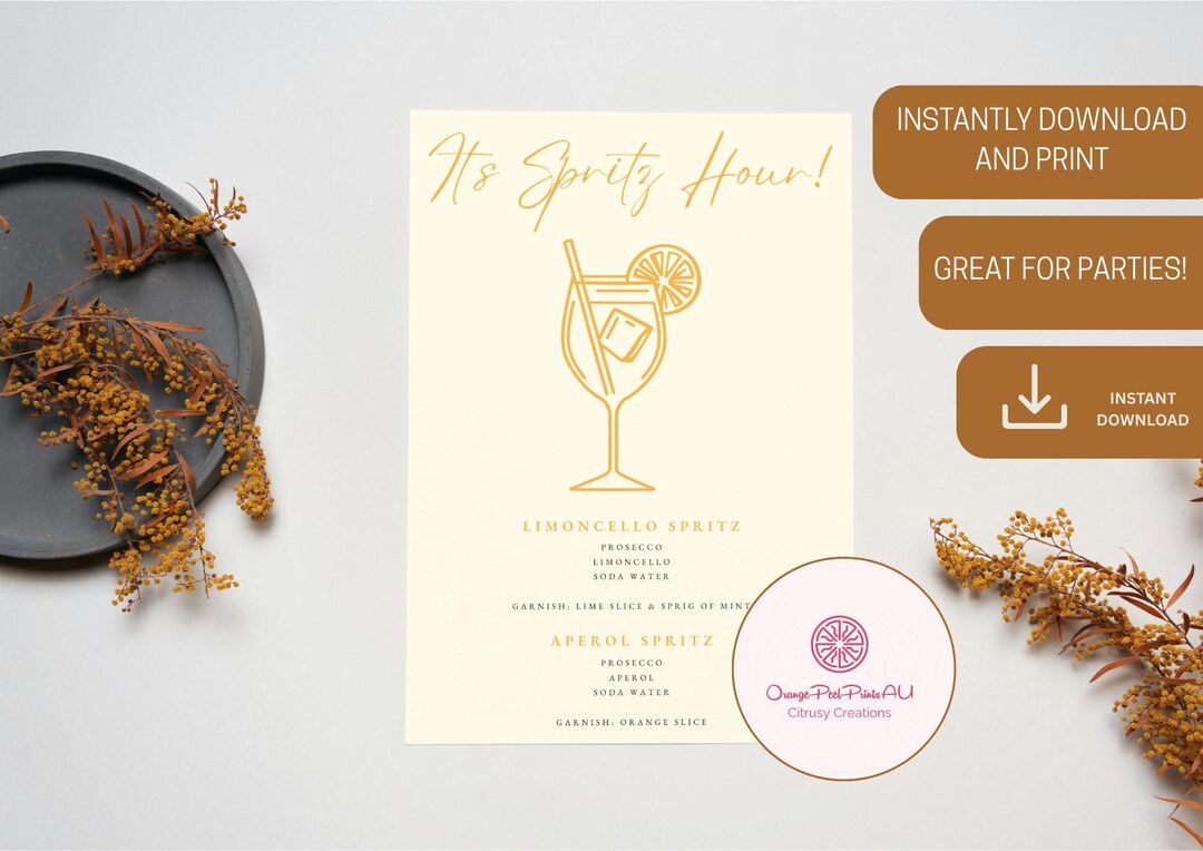 Spritz Hour Cocktail Recipe Card | Printable Drink Menu | Aperol ...