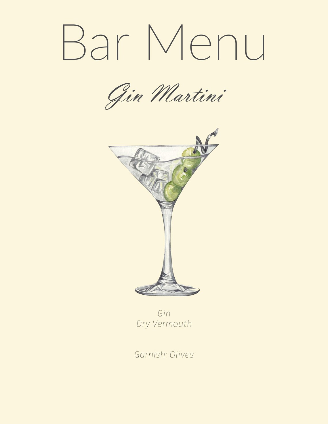 Martini Menu, Recipe Card, Cocktail Recipe Card Printable, Printable ...