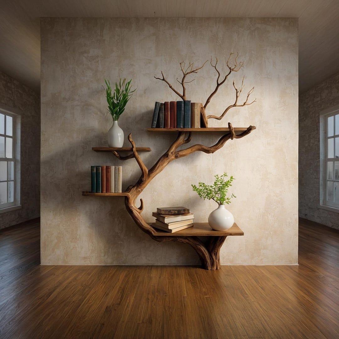 Rustic Tree Branch Bookshelf Wooden Driftwood Bookcase Nature Inspired ...