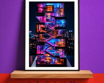 Architecture Printable | Pastel Nightscape Glass Tower Cyberpunk City ...
