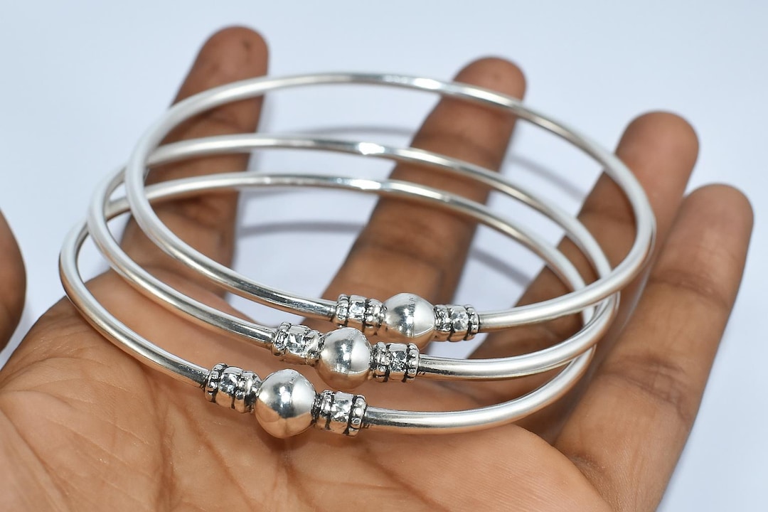 925 Sterling Silver Beaded Bangles Set, Handmade Indian Silver Bangles ...
