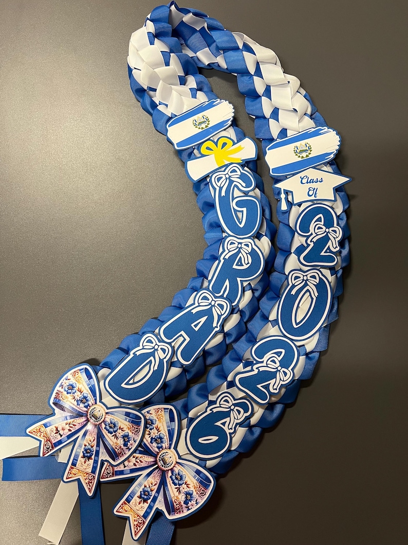 Coquette Bows El Salvador Flag Single Double Ribbon Grad Lei & Grad Cap ...