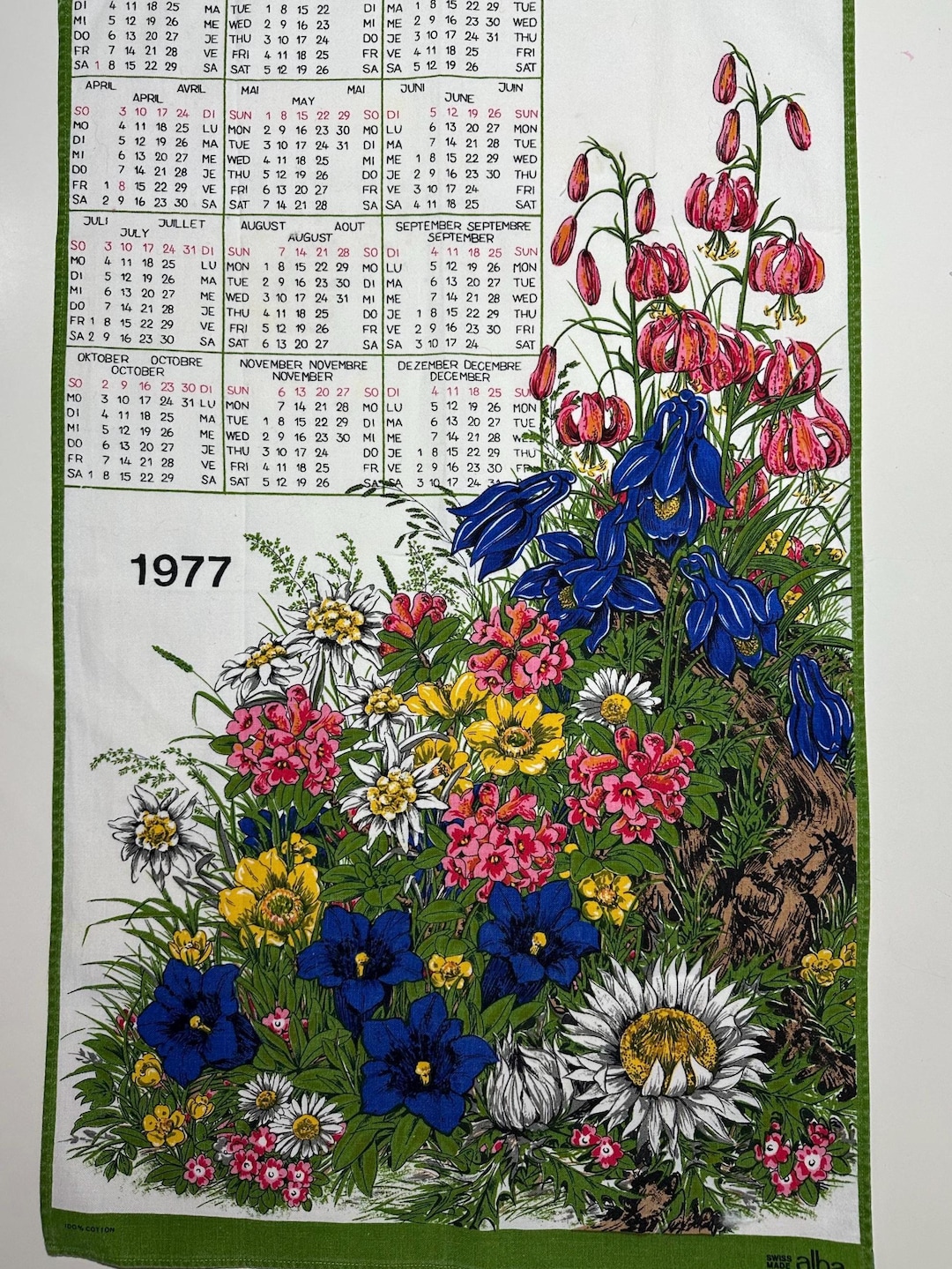 Vintage 1977 Calendar Tea Towel, Floral Kitchen Decor - Etsy