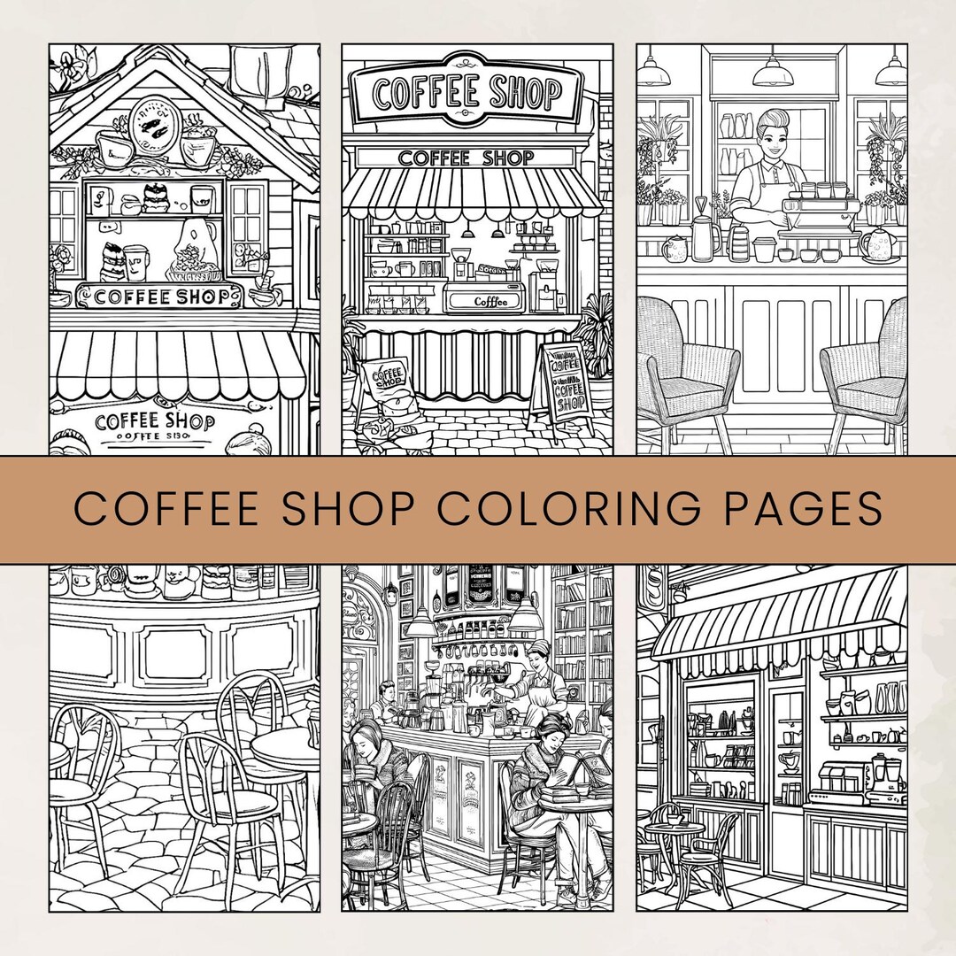 Printable Adult Coloring Pages, Cozy Coffee Shop Coloring Pages, Cafe ...