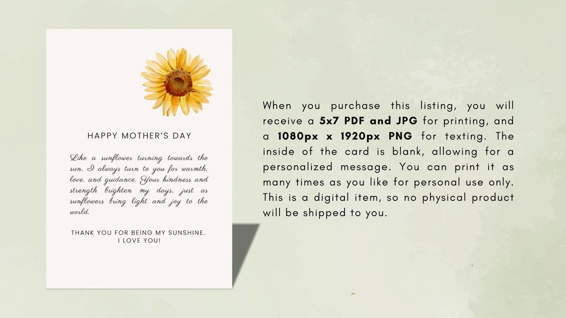 Printable Sunflower Mother's Day Card: Floral Design (PDF & JPG) - Etsy