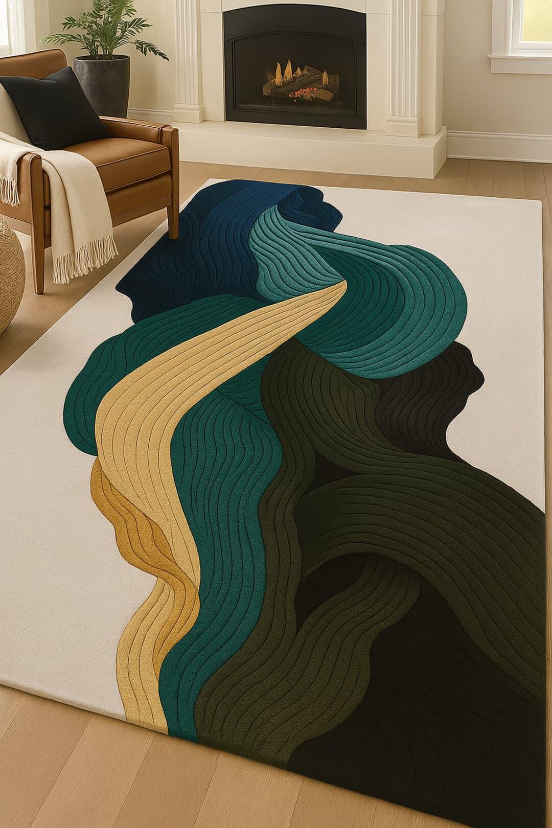 Abstract Face Rug – Modern Tufted Area Rug With Colorful Curvy Line Art ...