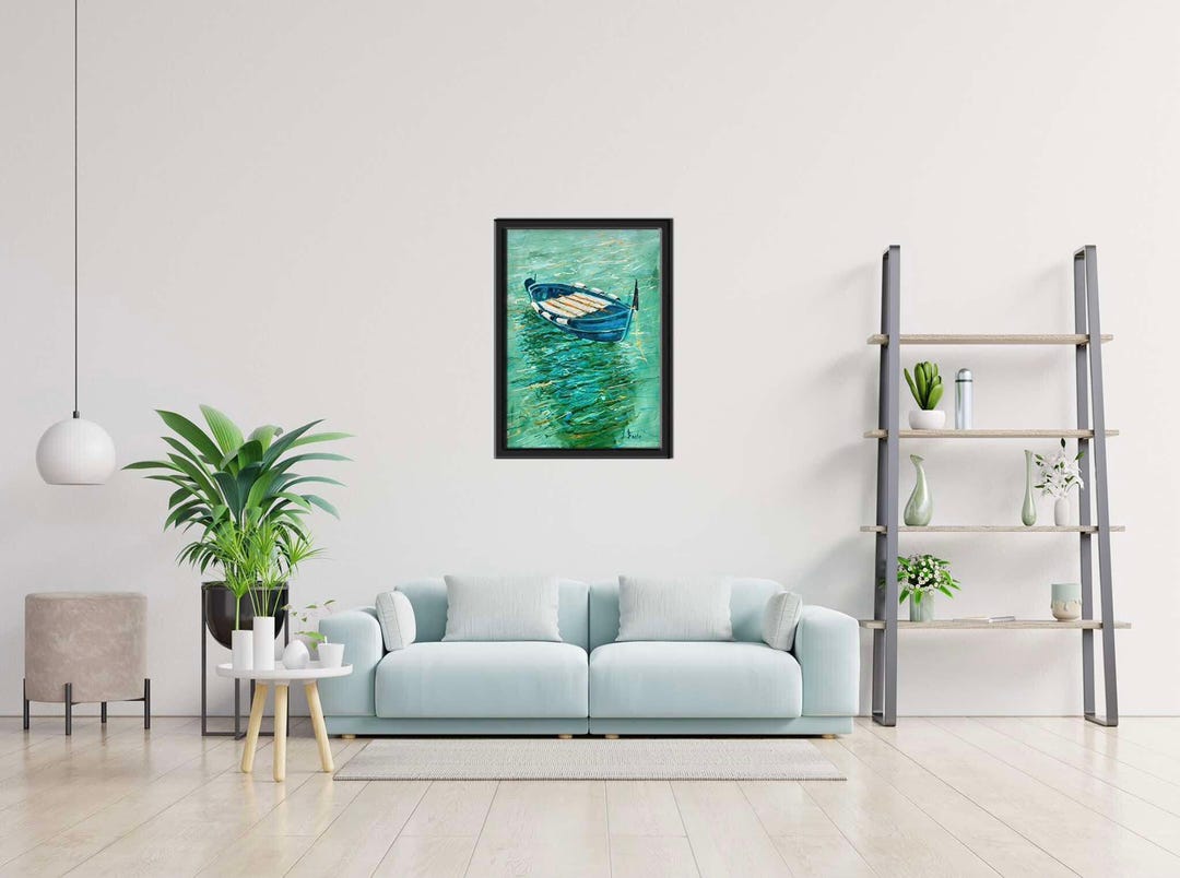 Blue Boat Painting Nautical Wall Art Seascape Painting Handmade Coastal ...