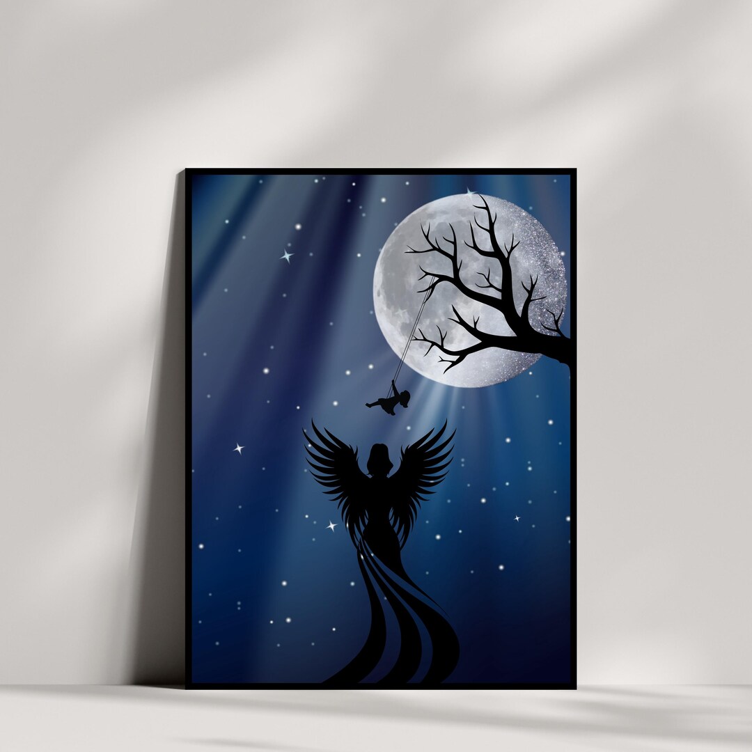 Angel & Moonlight Swing - Digital Wall Art | Celestial Night Sky Print ...