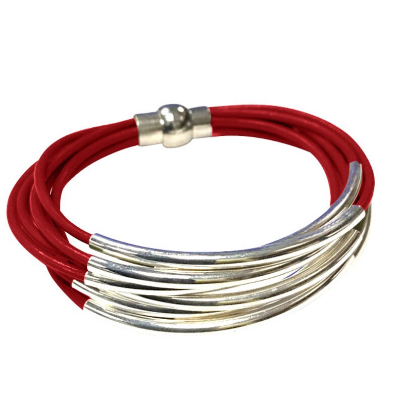 Red Leather Cuff Bracelet With Silver Multi Strand Bangle - Etsy
