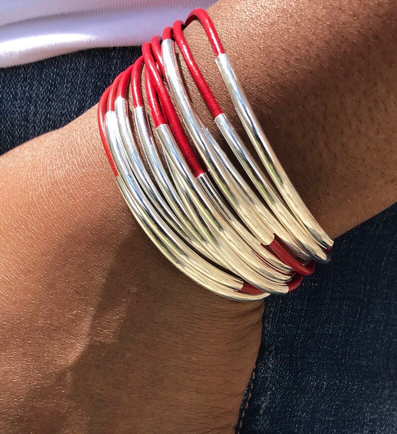 Red Leather Cuff Bracelet With Silver Multi Strand Bangle | Etsy