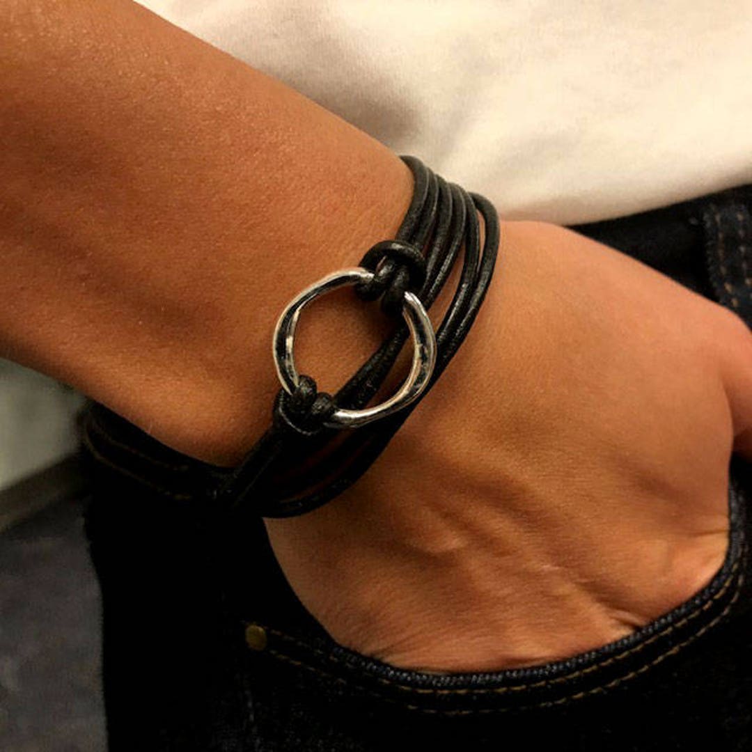 Leather Wrap Bracelet, Silver Eternity Circle, Boho Cuff - Etsy