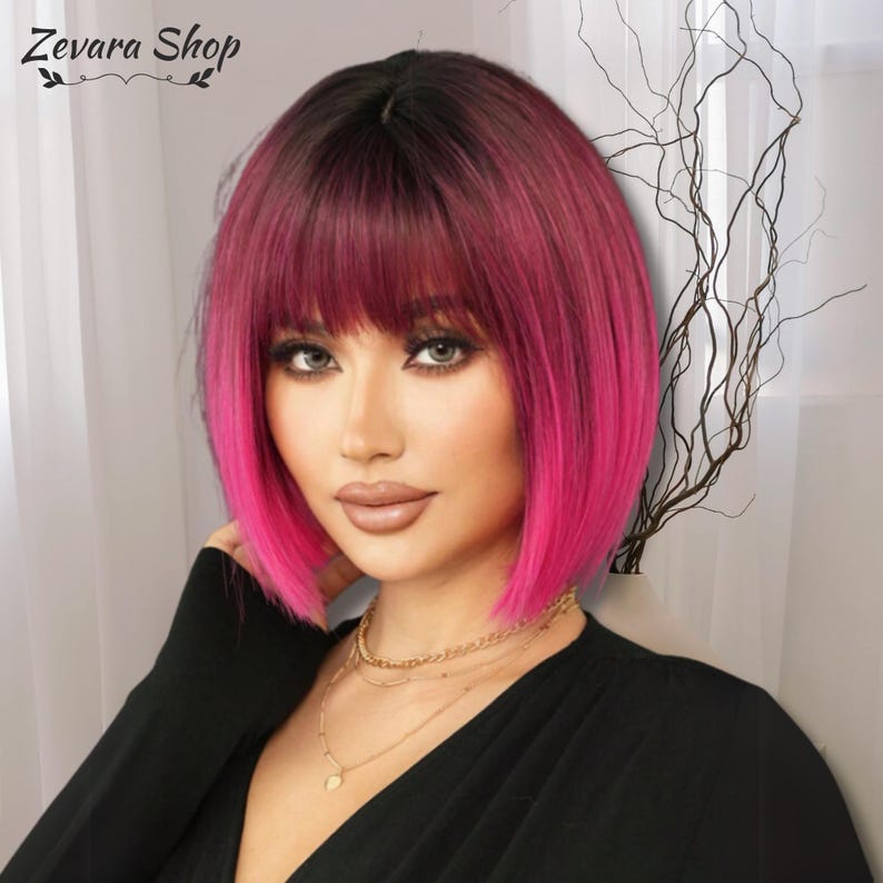 Pink Ombre Bob Wig With Bangs, Hot Pink Bob Wig With Dark Roots, Short ...