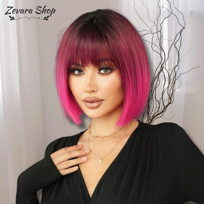 Pink Ombre Bob Wig With Bangs, Hot Pink Bob Wig With Dark Roots, Short ...