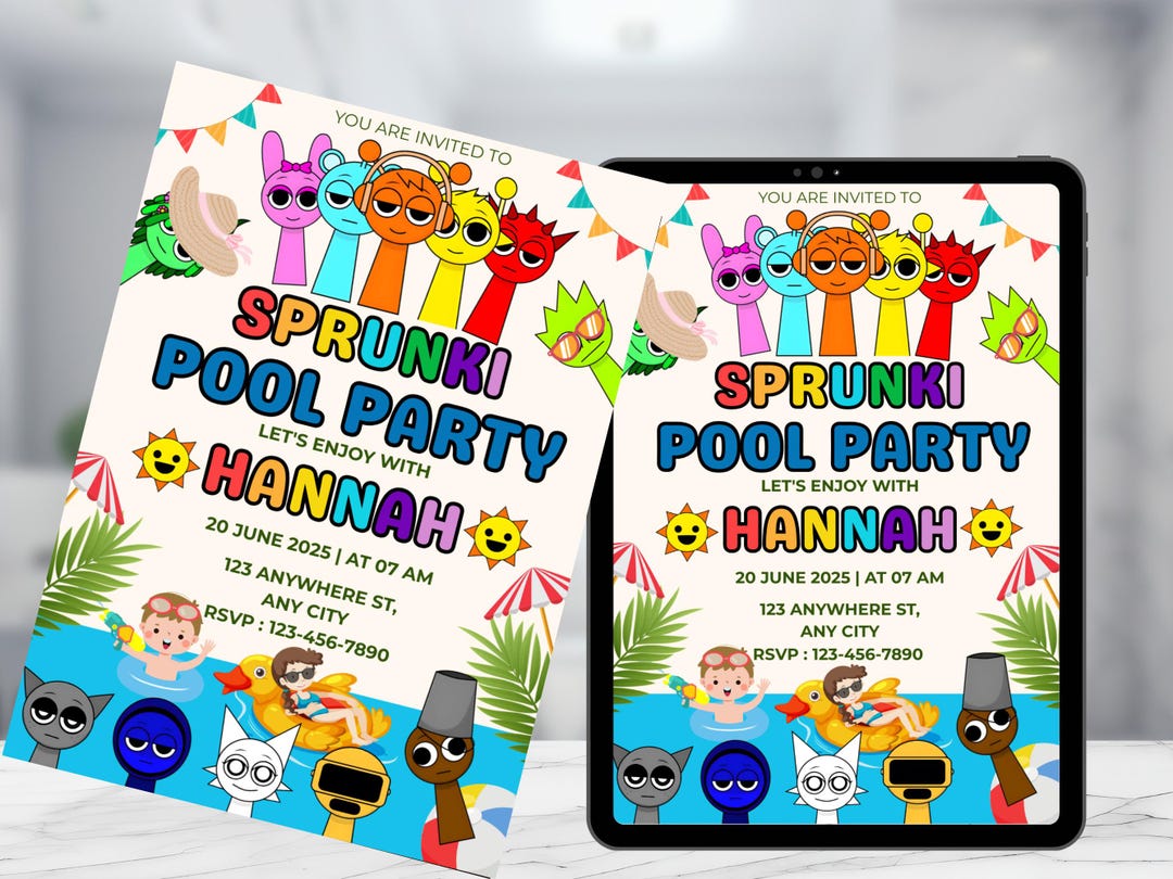 Sprunki Pol Party Invitation Template | Editable Sprunki Pool Party ...