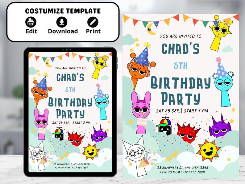 Sprunki Birthday Party Invitation | Sprunki Editable Template for Boys ...